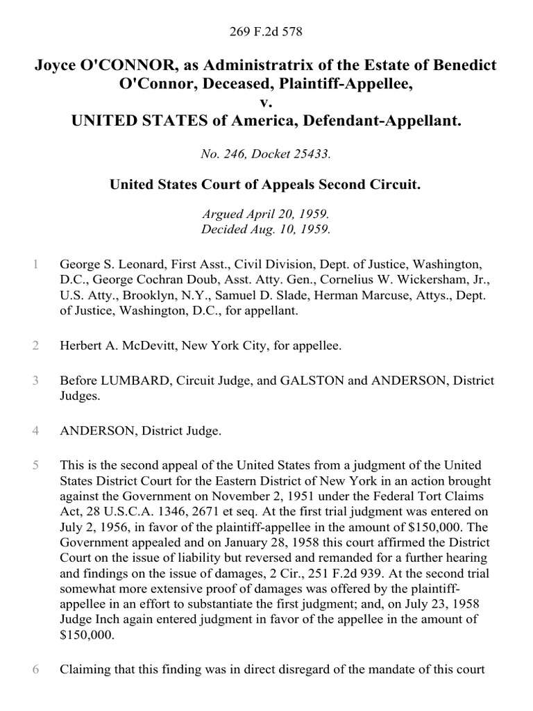 Joyce O'connor, As Administratrix of The Estate of Benedict O'connor ...