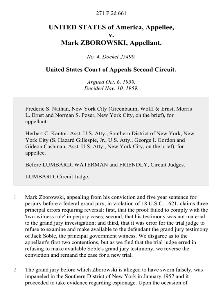 United States v. Mark Zborowski, 271 F.2d 661, 2d Cir. (1959) | PDF ...