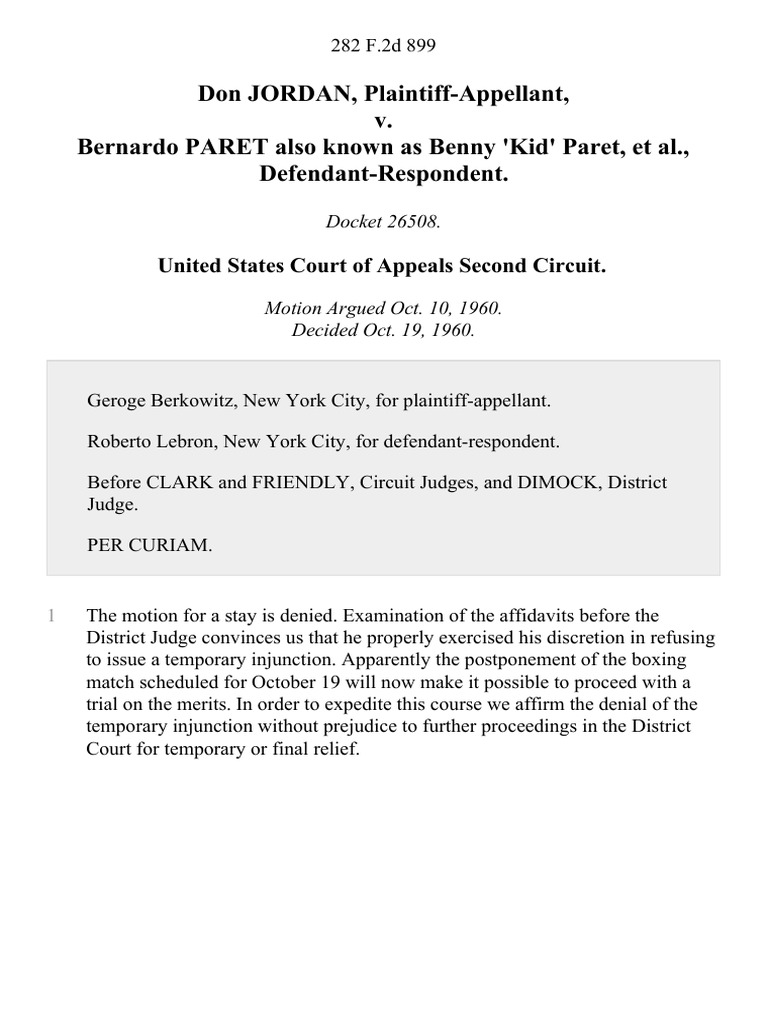 Don Jordan v. Bernardo Paret Also Known As Benny 'Kid' Paret, Defendant ...