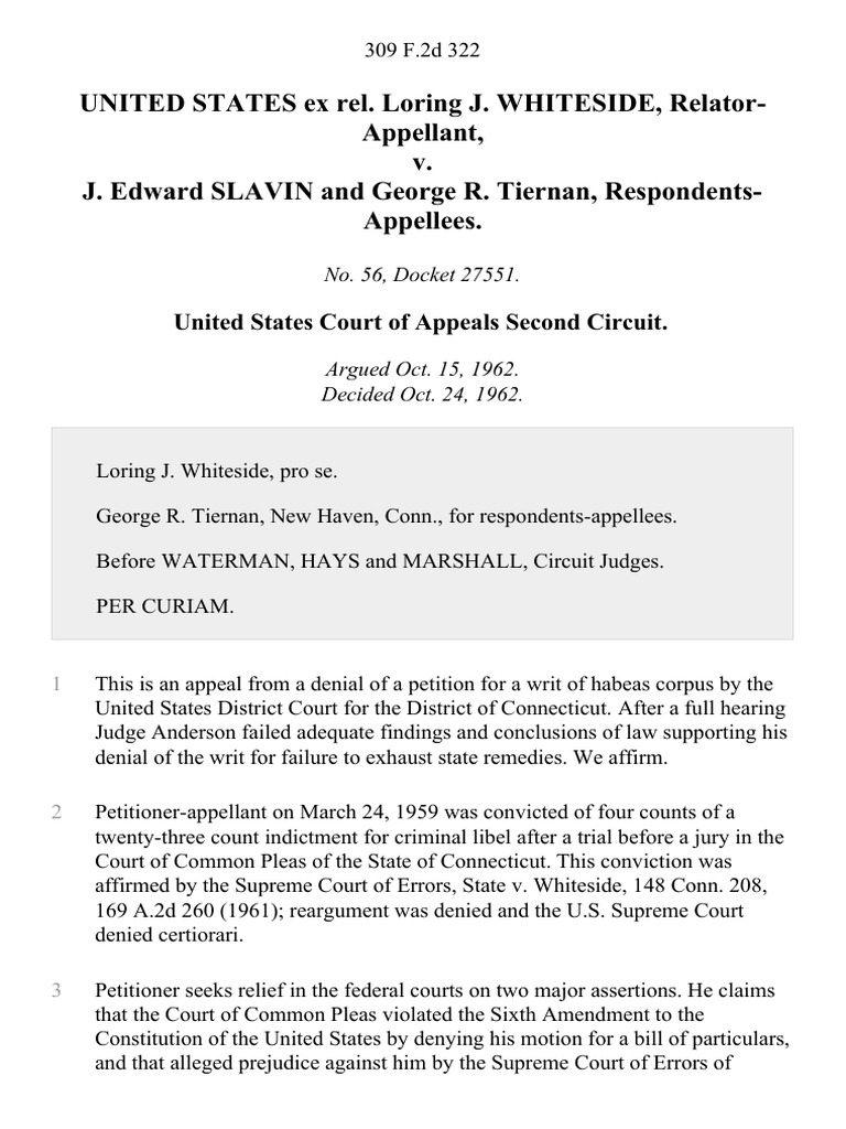 United States Ex Rel. Loring J. Whiteside, Relator-Appellant v. J ...