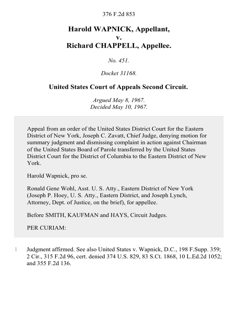Harold Wapnick v. Richard Chappell, 376 F.2d 853, 2d Cir. (1967) | PDF