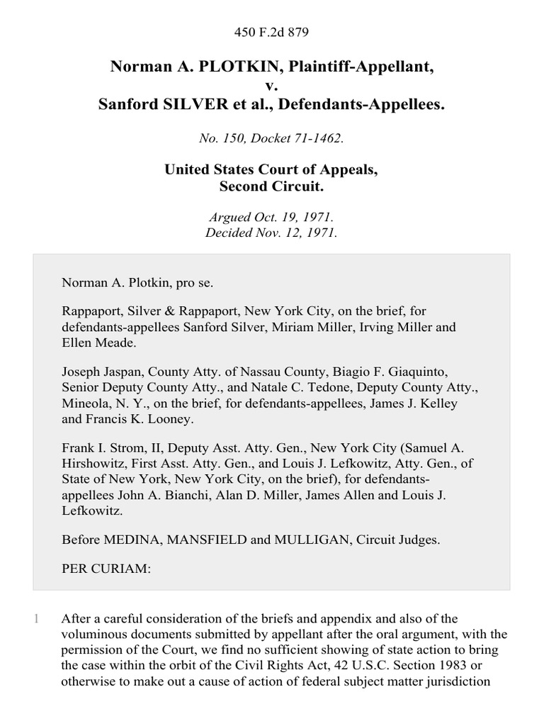 Norman A. Plotkin v. Sanford Silver, 450 F.2d 879, 2d Cir. (1971) | PDF ...