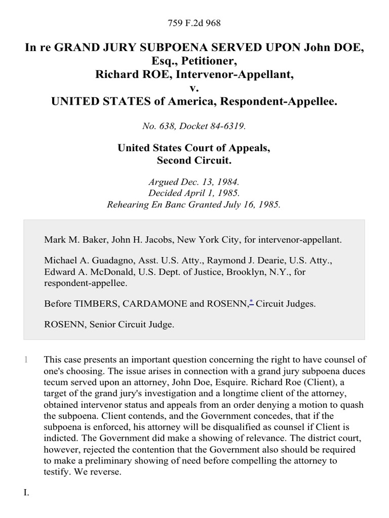 In Re Grand Jury Subpoena Served Upon John Doe, Esq., Richard Roe ...