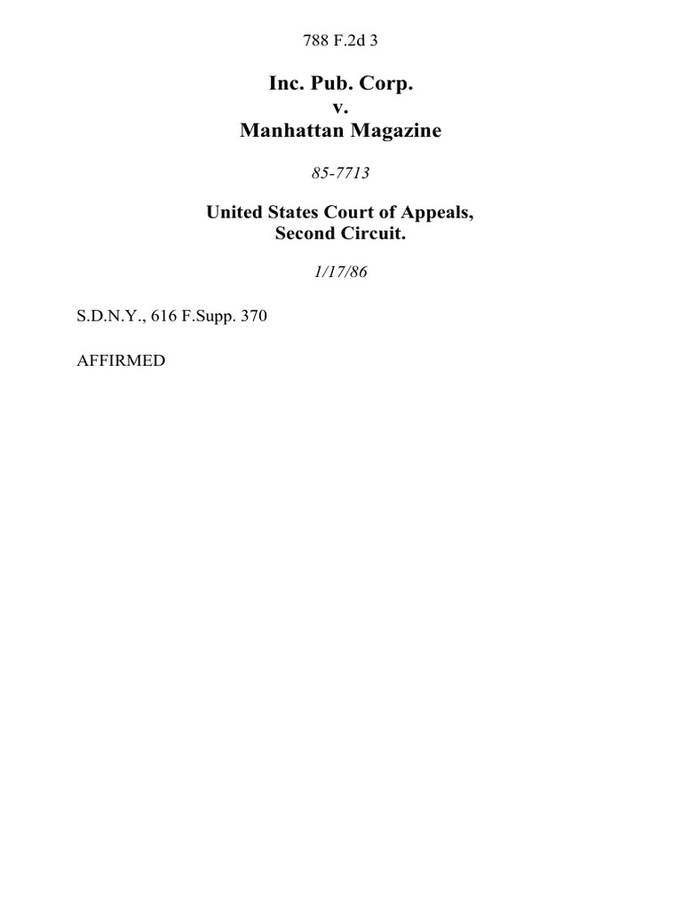Inc. Pub. Corp. v. Manhattan Magazine, 788 F.2d 3, 2d Cir. (1986) | PDF