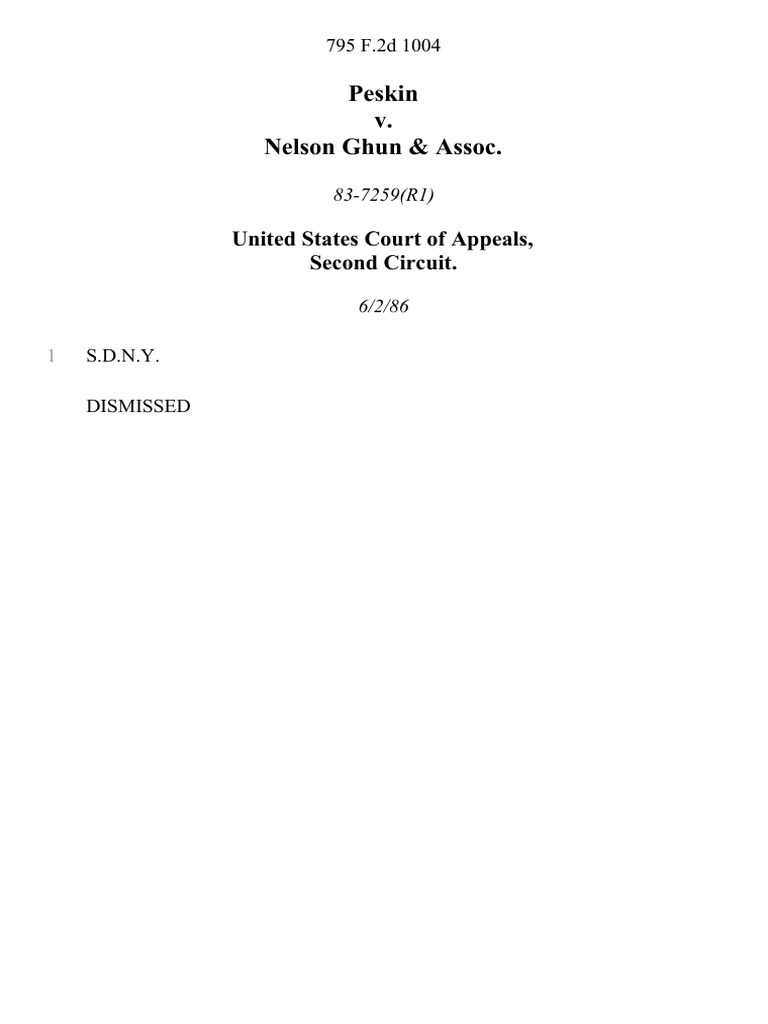 Peskin v. Nelson Ghun & Assoc, 795 F.2d 1004, 2d Cir. (1986) | PDF
