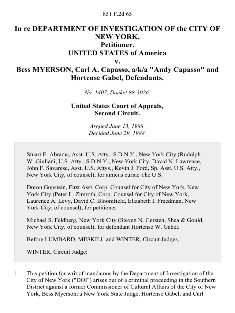 In Re Department of Investigation of The City of New York, United ...