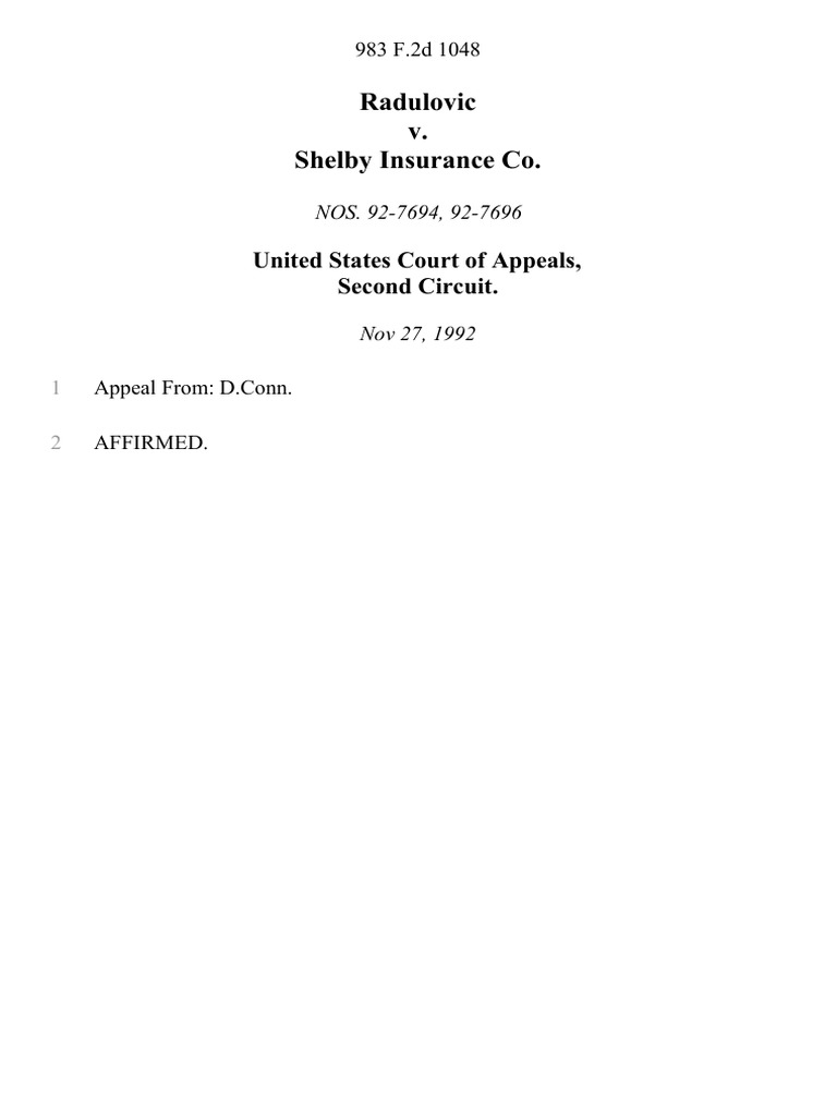 Radulovic v. Shelby Insurance Co, 983 F.2d 1048, 2d Cir. (1992) | PDF