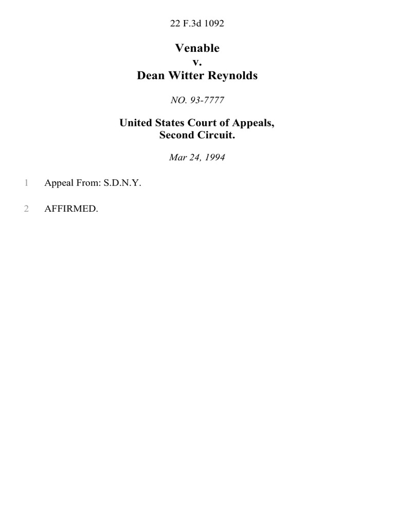 Venable v. Dean Witter Reynolds, 22 F.3d 1092, 2d Cir. (1994) | PDF