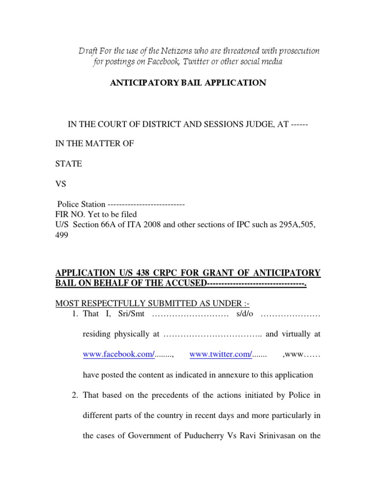 Draft Anticipatory Bail Application Facebook | PDF