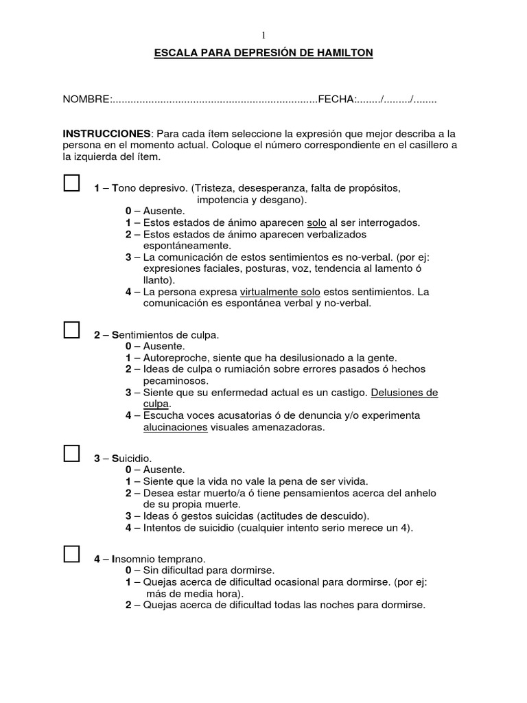 Escala para Depresion de Hamilton | PDF | Depresión (estado de ánimo ...