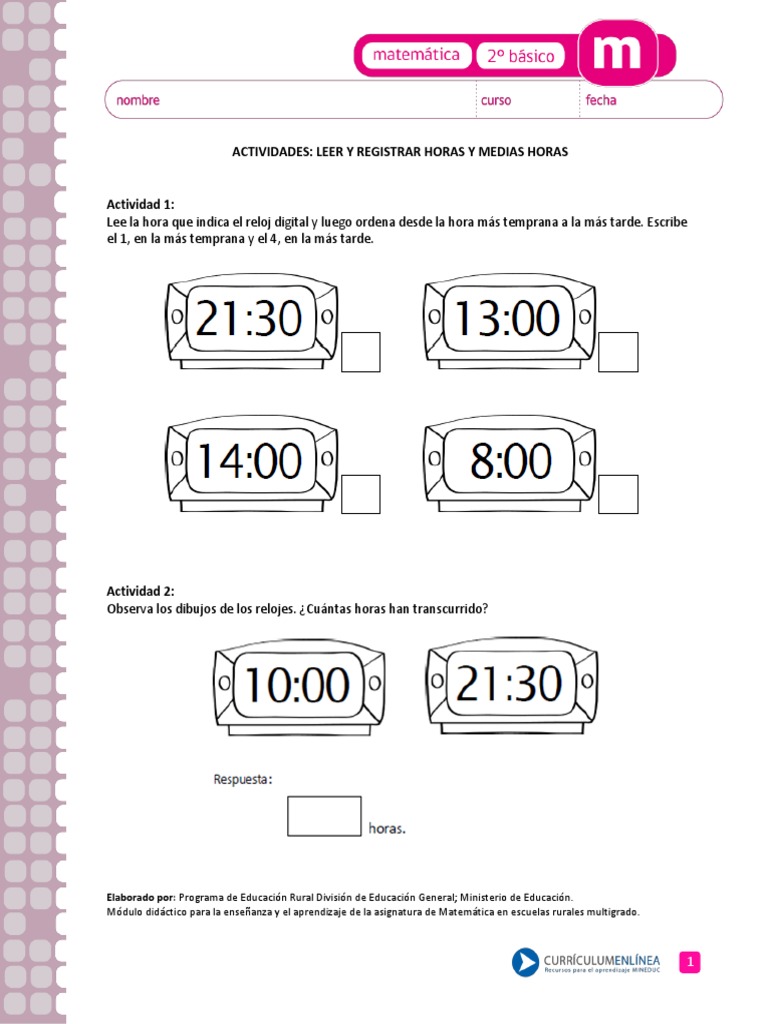 Actividades de Reloj Digital para Primaria | PDF