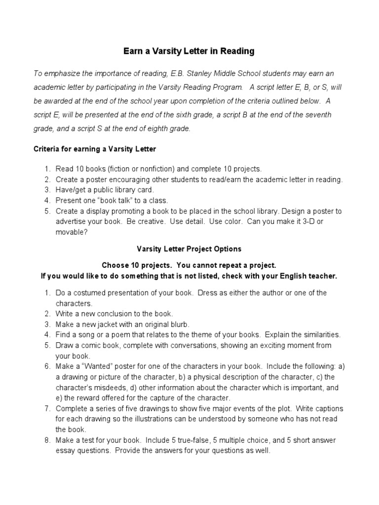 Varsity Letter in Reading | PDF | Books | Schools