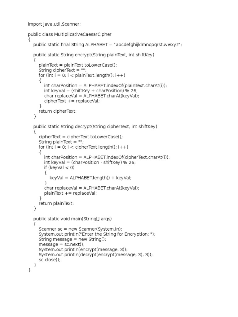 Multiplicative cipher code