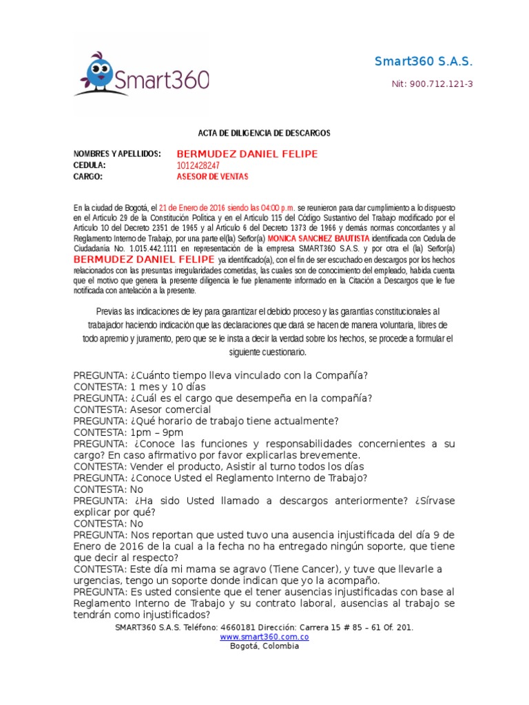 Acta De Diligencia De Descargos Ausencia Injustificada Gobierno