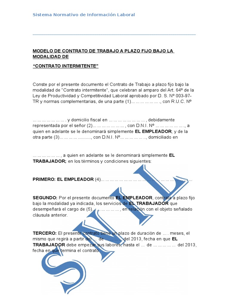 Modelo Contrato de Trabajo Intermitente | PDF | Derecho laboral | Información del gobierno