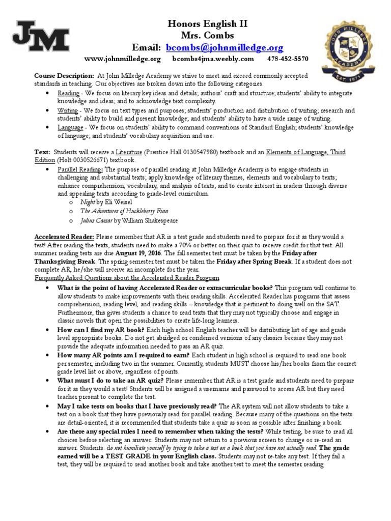 Honors English II Course Overview | PDF | Test (Assessment) | Homework