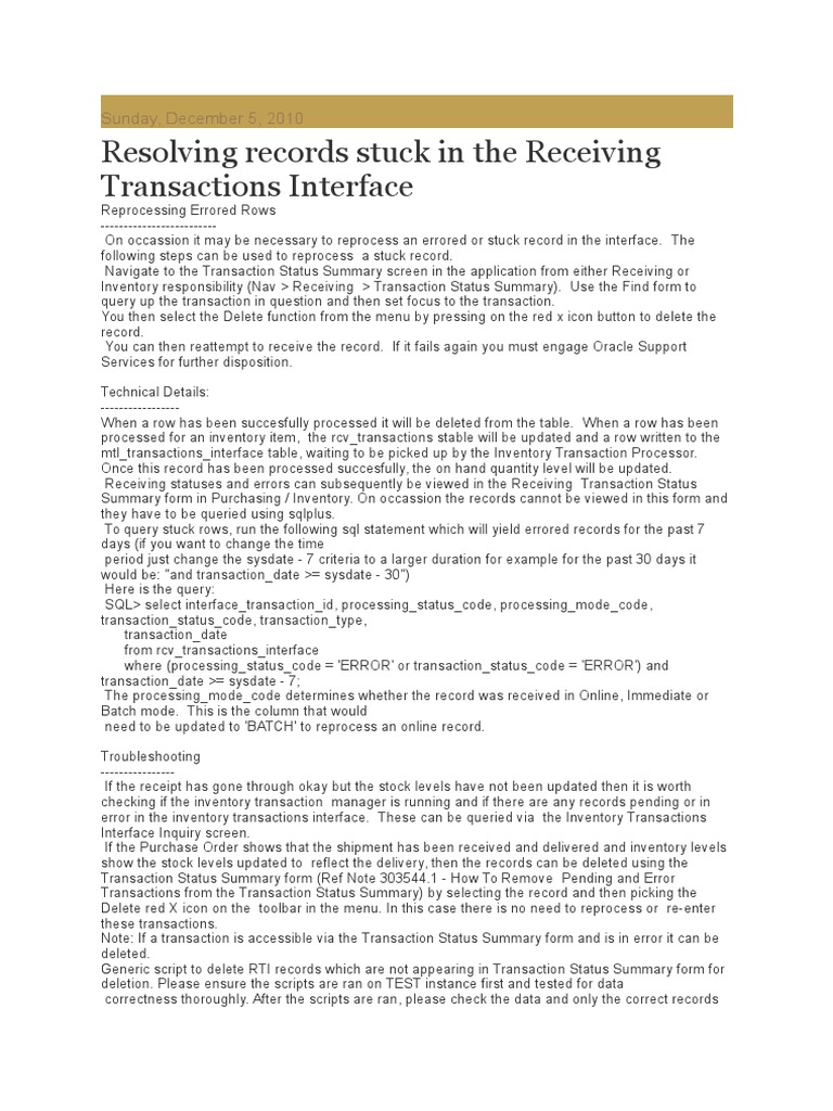 Resolving Stuck Receiving Transactions | PDF | Database Transaction | Sql