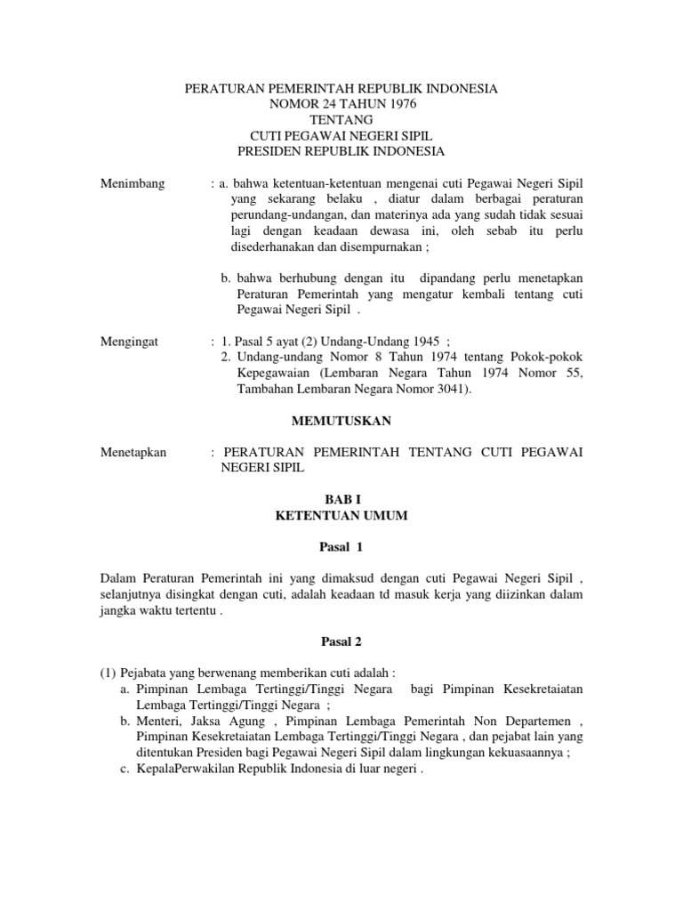 PP - 24 - 76 TTG TENTANG CUTI PEGAWAI NEGERI SIPIL | PDF