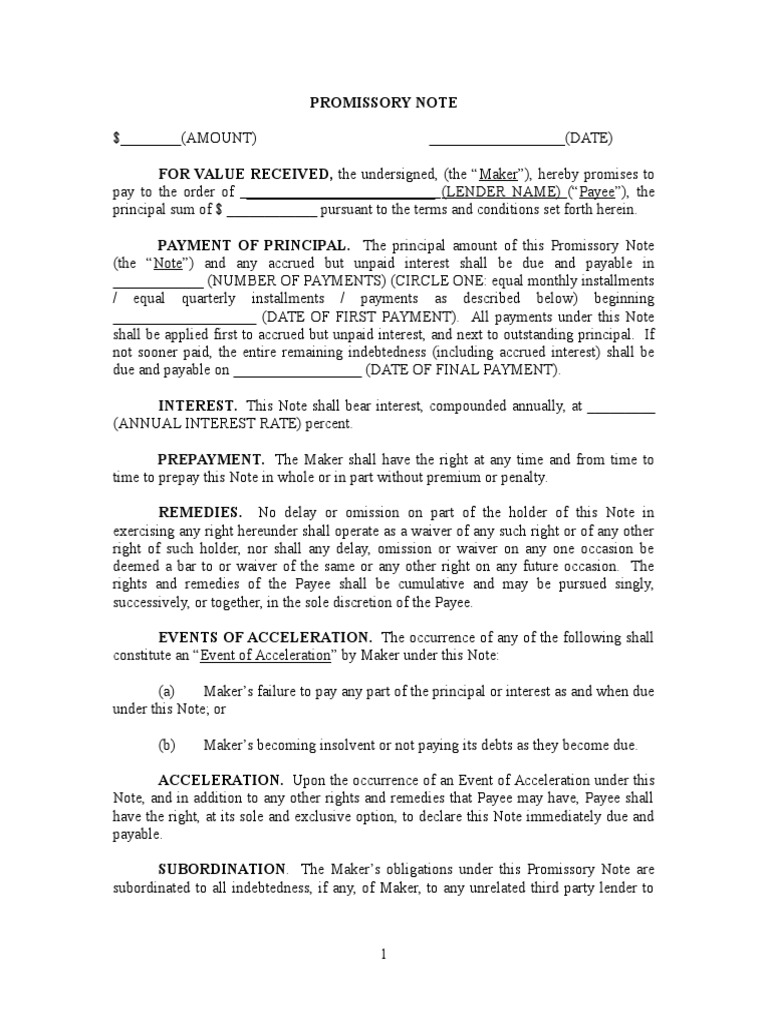 Loaning Money Family Promissory Note Blanks | PDF