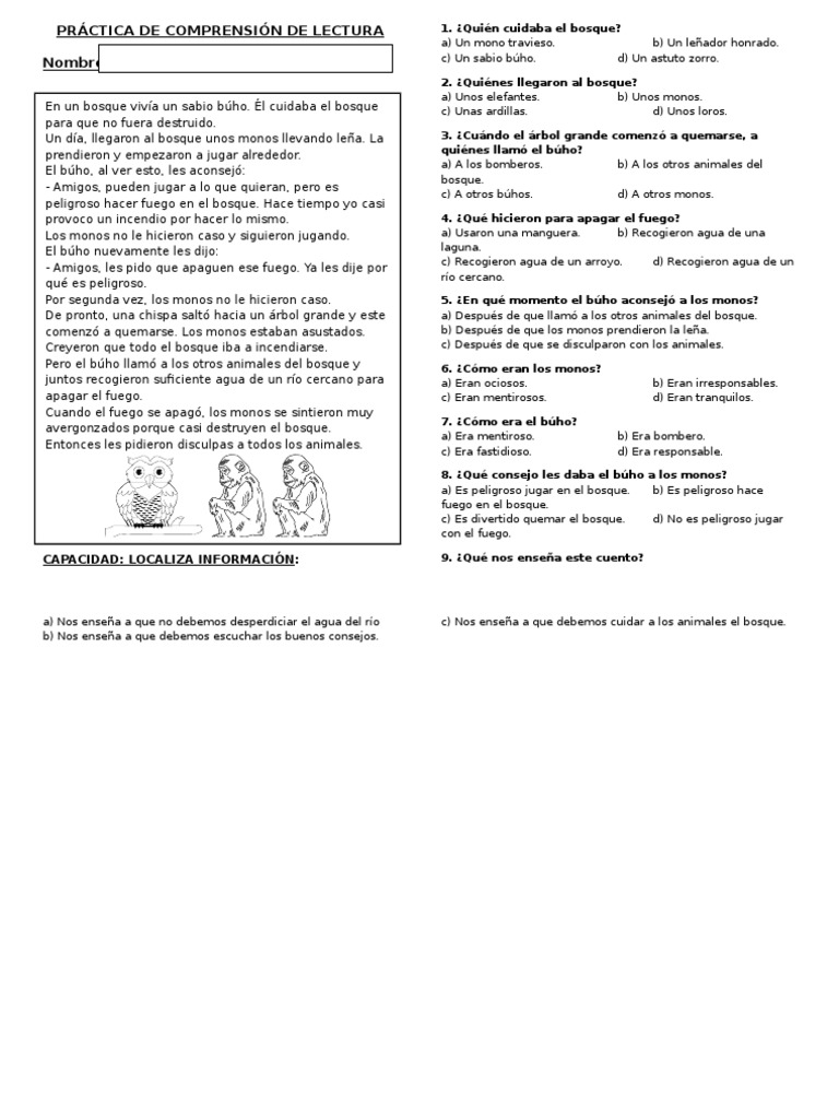 Comprensión de Lectura (El Búho) Ya