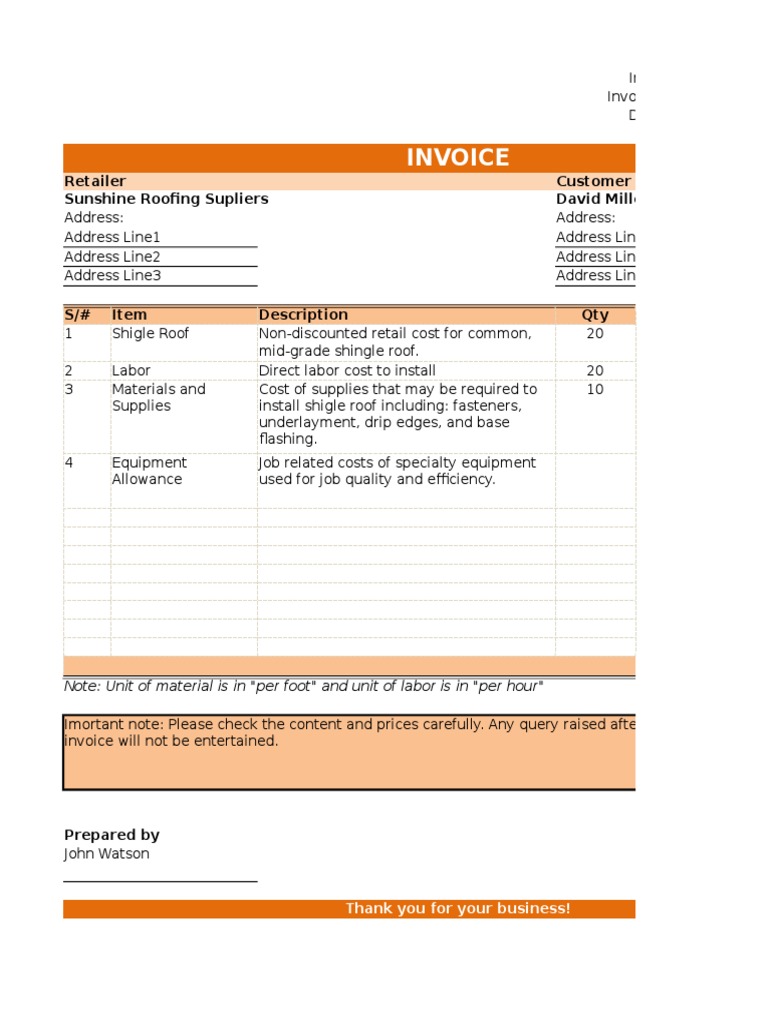 Simple Sales Roofing Invoice Template | PDF