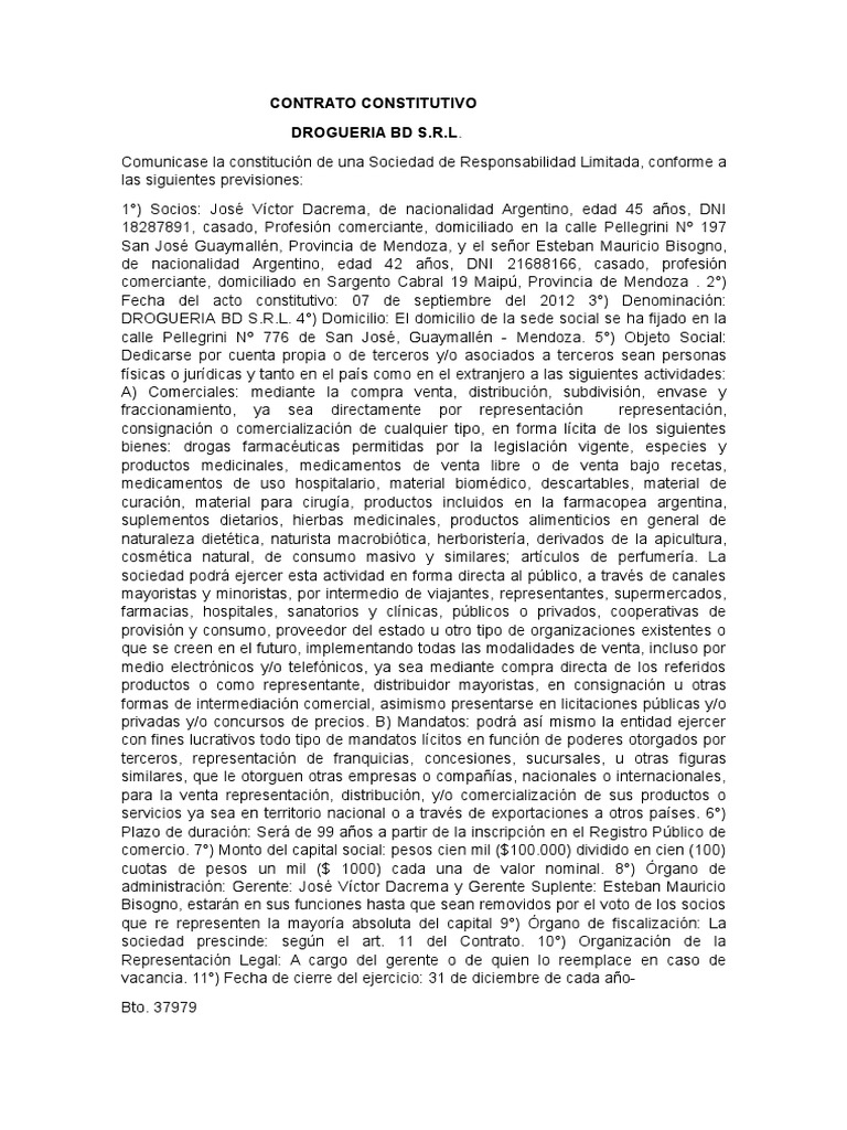 Contrato Constitutivo SRL y Sa | PDF | Liquidación | Compañía de responsabilidad limitada