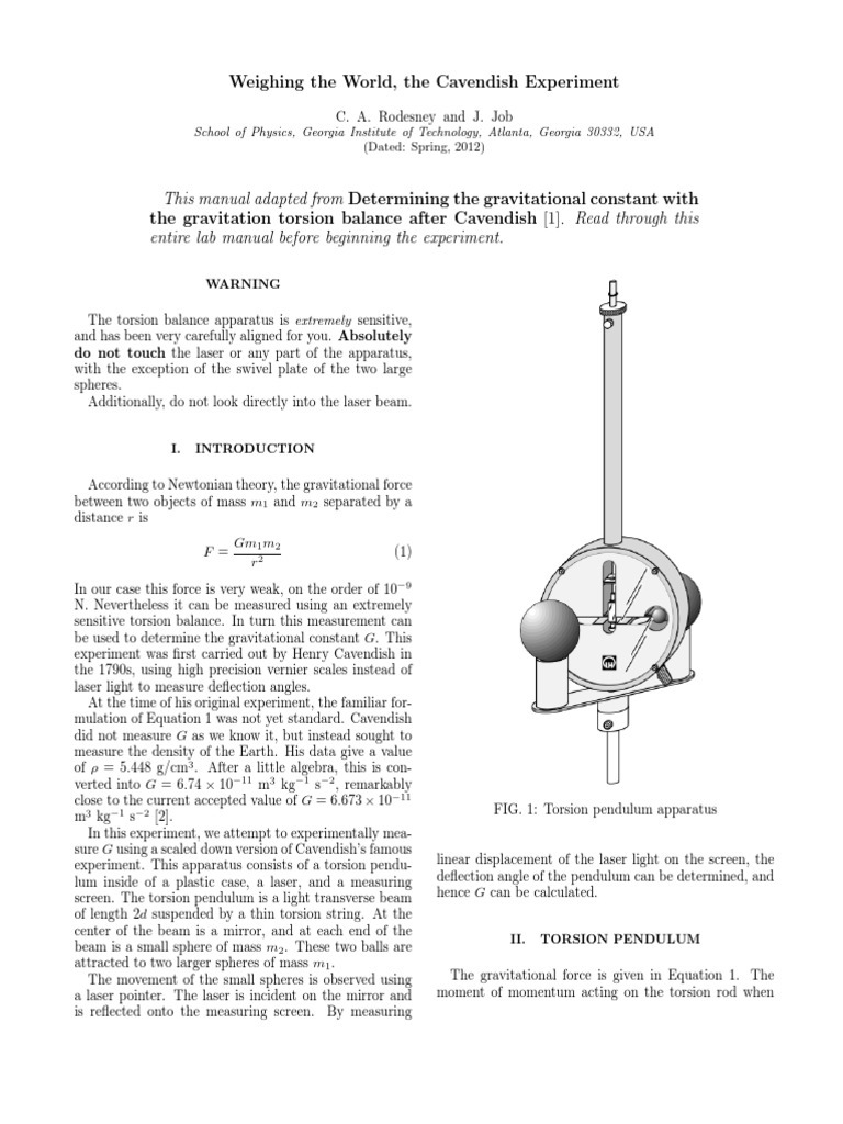 Weighing The World, The Cavendish Experiment | PDF | Dynamics ...