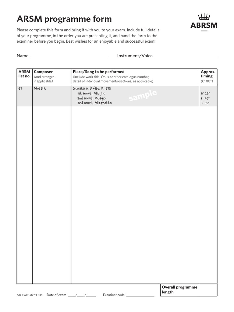 New ARSM Programme Form (Specimen) 2017 Onwards | PDF | Art