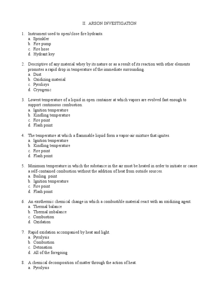 Arson Investigation Fire Safety Quiz | PDF | Fires | Combustion