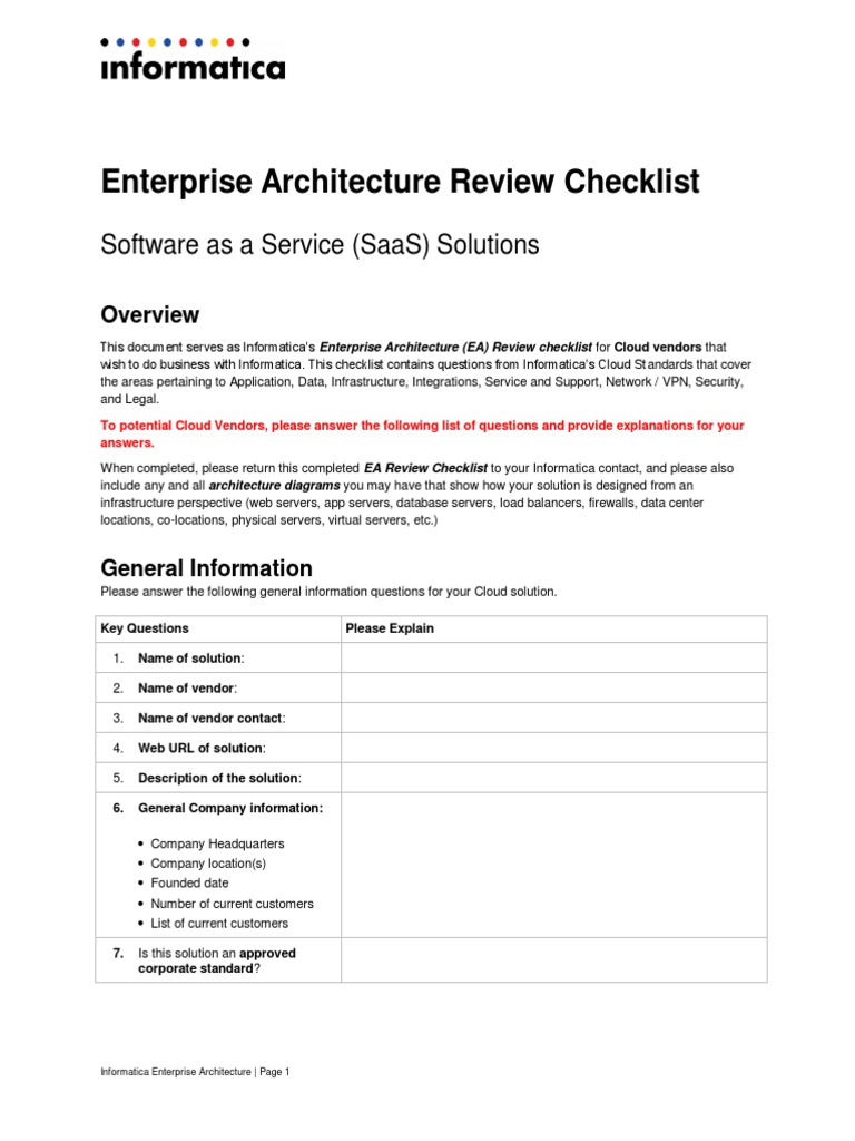 Enterprise Architecture Review Checklist SaaS-Cloud Solutions ...
