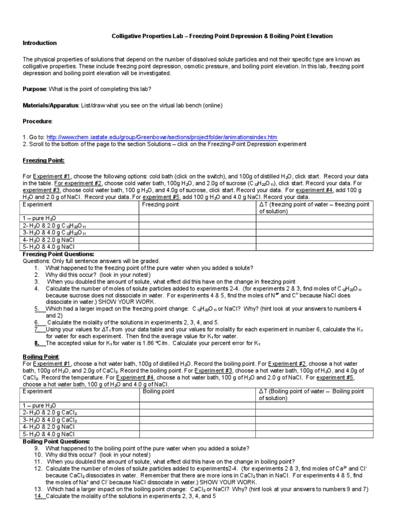 Colligative Properties Lab - Online | PDF | Properties Of Water ...
