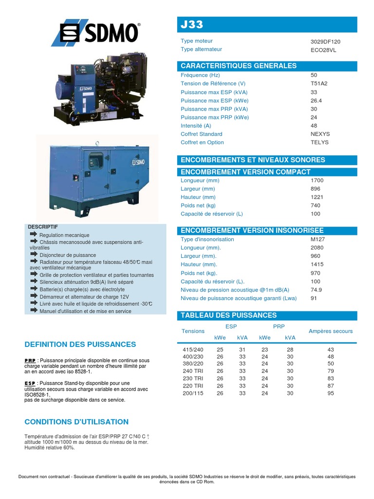 Fiche Technique Complete SDMO J33 | PDF | Puissance (physique) | Physique