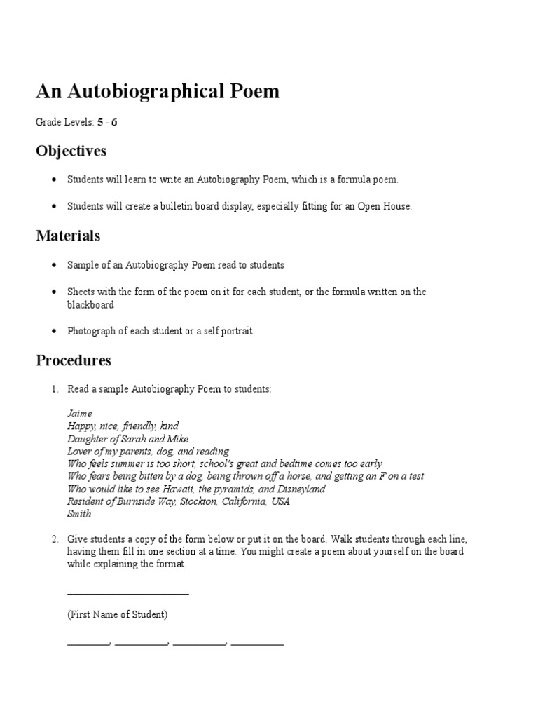 Autobiography Poem Project for Grades 5-6 | PDF