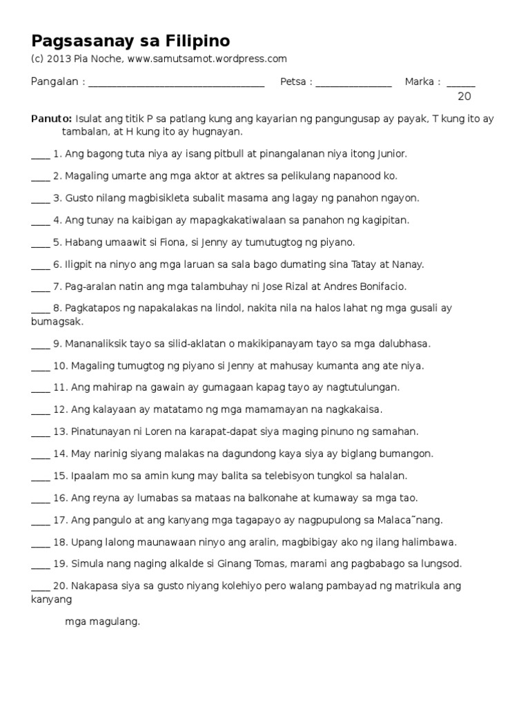 Pagsasanay Sa Filipino 6 | PDF