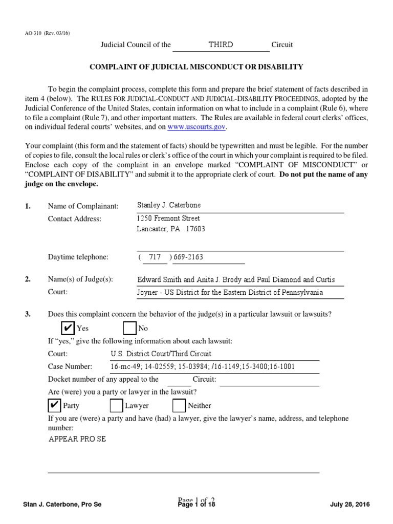 COMPLAINT of Judicial Misconduct or Disability by Stan J. Caterbone On ...