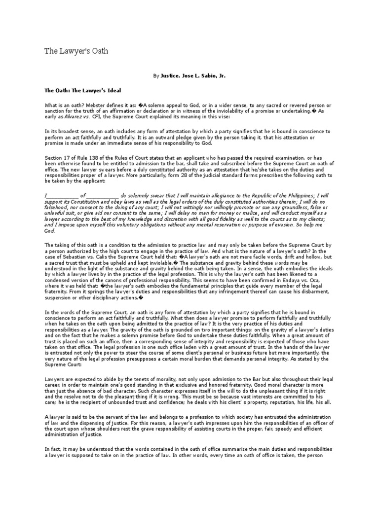 The Lawyers Oath by Justice Sabio | PDF | Oath Of Office | Lawyer