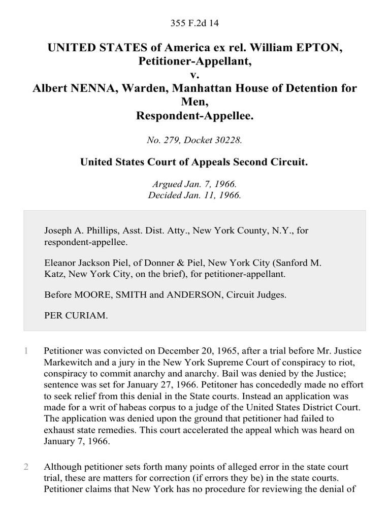 United States of America Ex Rel. William Epton v. Albert Nenna, Warden ...