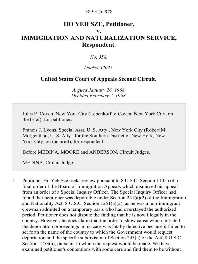 Ho Yeh Sze v. Immigration and Naturalization Service, 389 F.2d 978, 2d ...