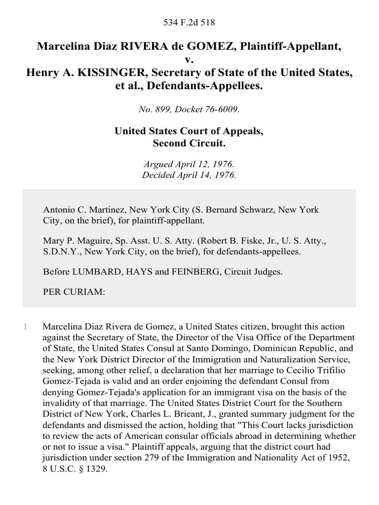Marcelina Diaz Rivera de Gomez v. Henry A. Kissinger, Secretary of ...