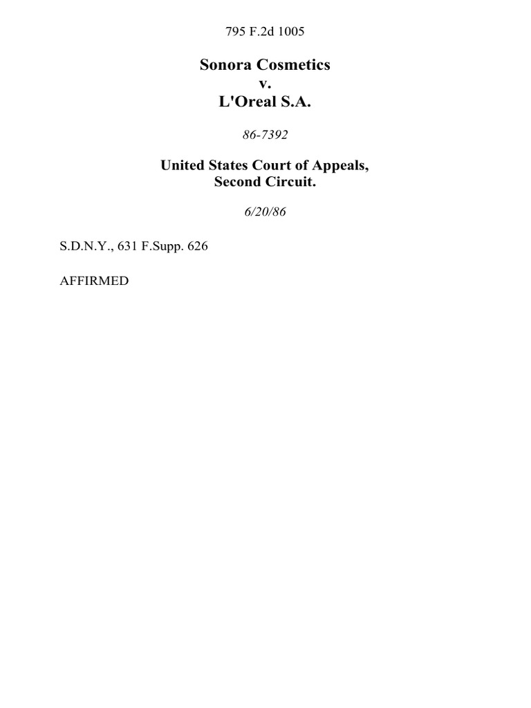 Sonora Cosmetics v. L'OreaL S.A, 795 F.2d 1005, 2d Cir. (1986) | PDF