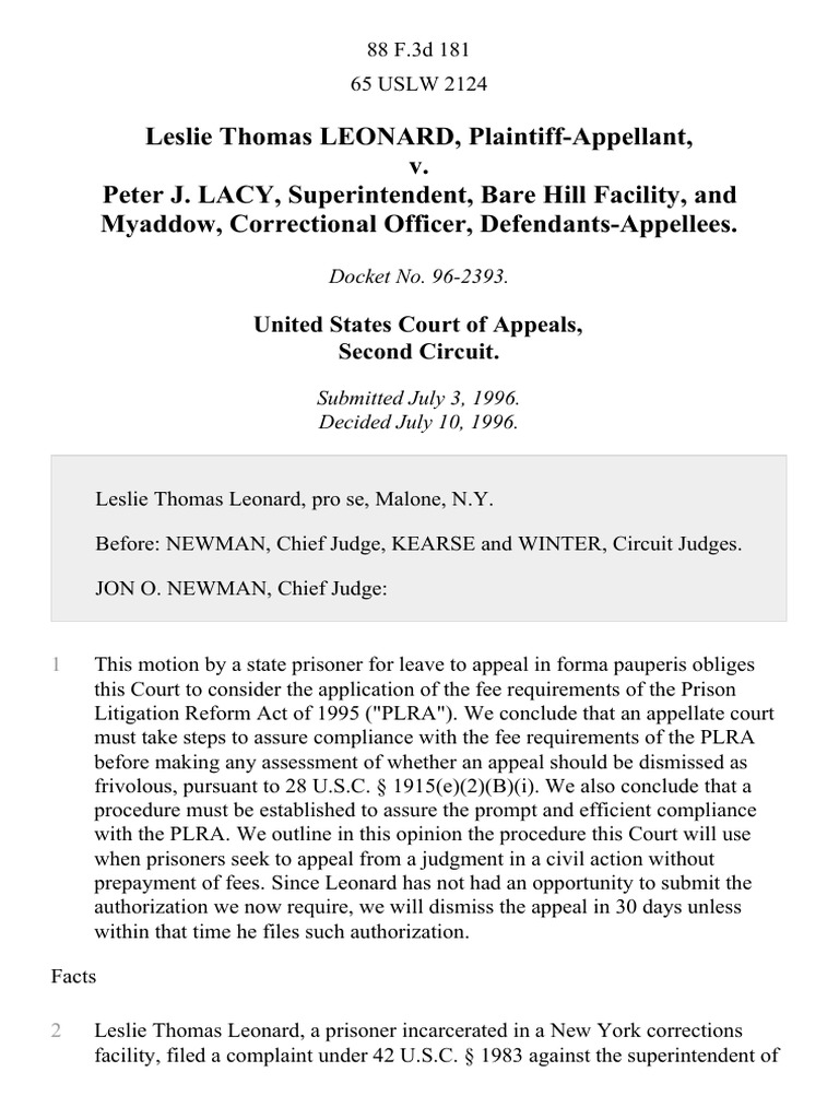 Leslie Thomas Leonard v. Peter J. Lacy, Superintendent, Bare Hill ...