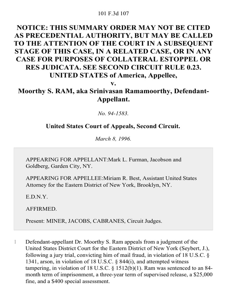 United States v. Moorthy S. Ram, AKA Srinivasan Ramamoorthy, 101 F.3d ...