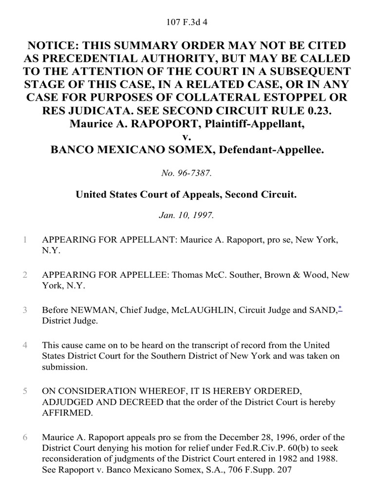 Maurice A. Rapoport v. Banco Mexicano Somex, 107 F.3d 4, 2d Cir. (1997 ...