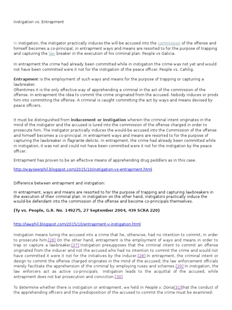 Distinguishing Instigation and Entrapment | PDF | Entrapment | Crime ...