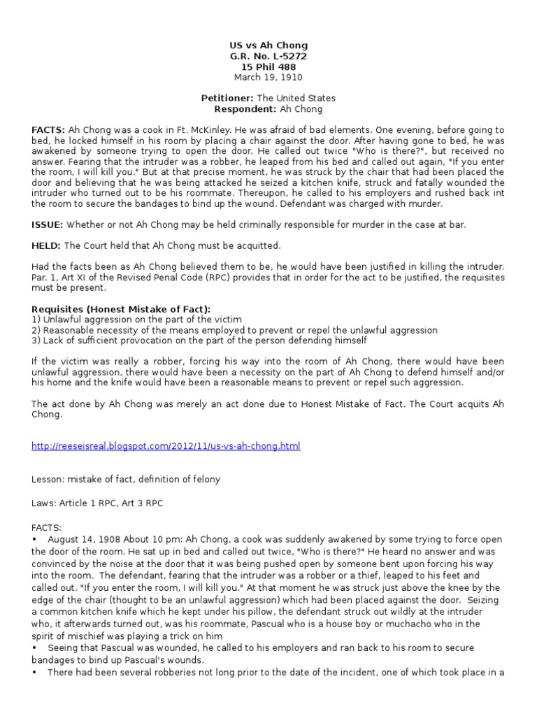 US Vs Ah Chong | PDF | Intention (Criminal Law) | Crime & Violence