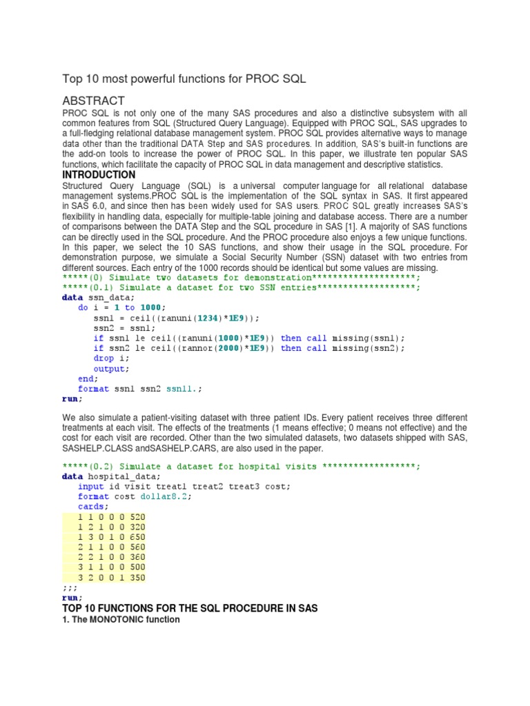 Top 10 PROC SQL Functions in SAS | PDF | Sas (Software) | Sql
