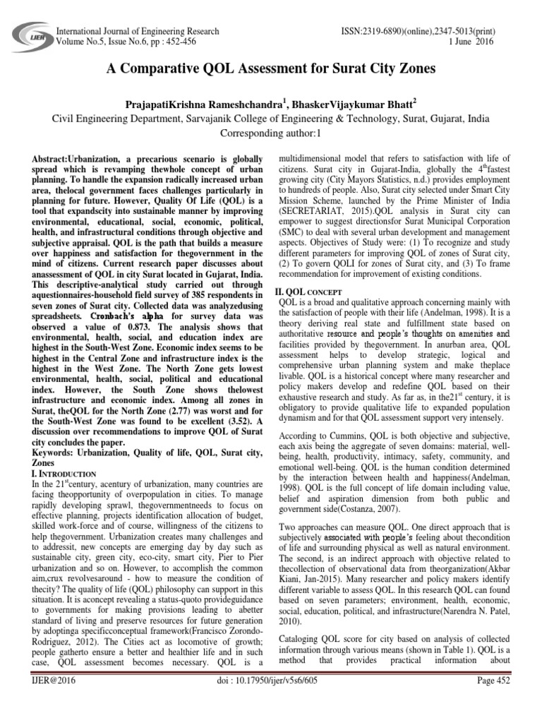 A Comparative QOL Assessment For Surat City Zones | PDF | Quality Of ...