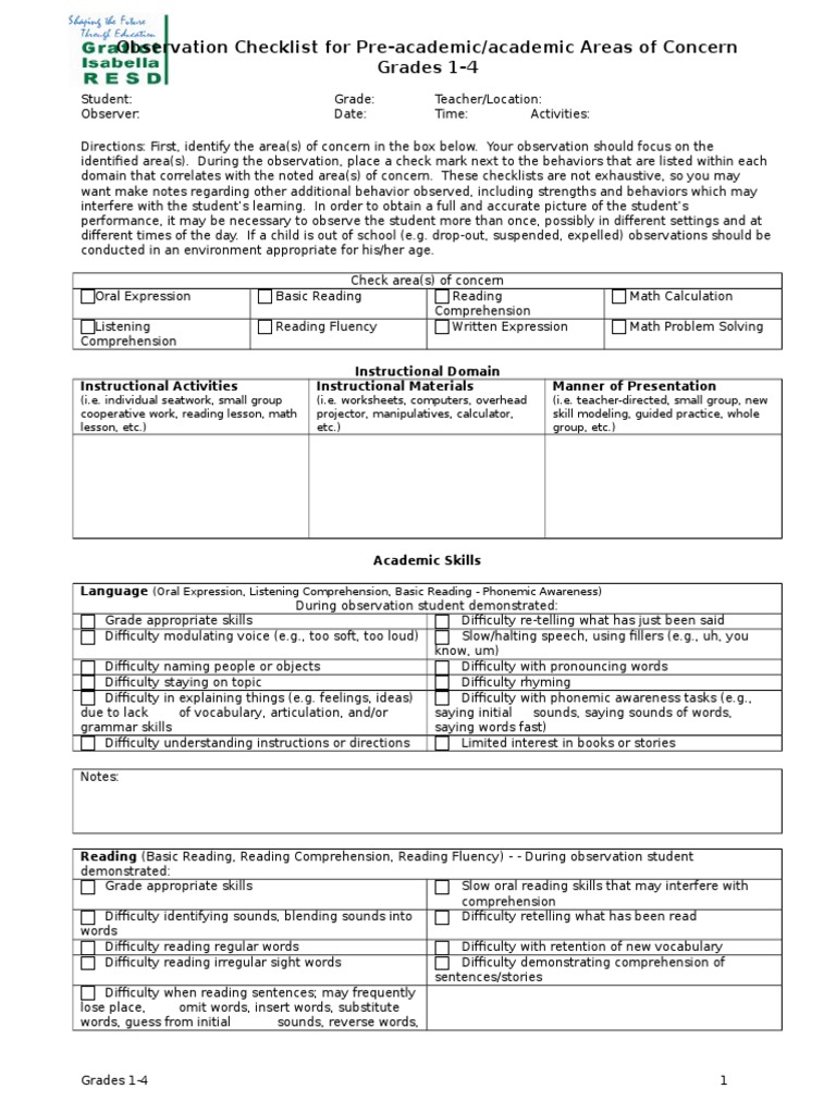 Reading Observation Checklist for Grades 1-4 | PDF | Reading ...