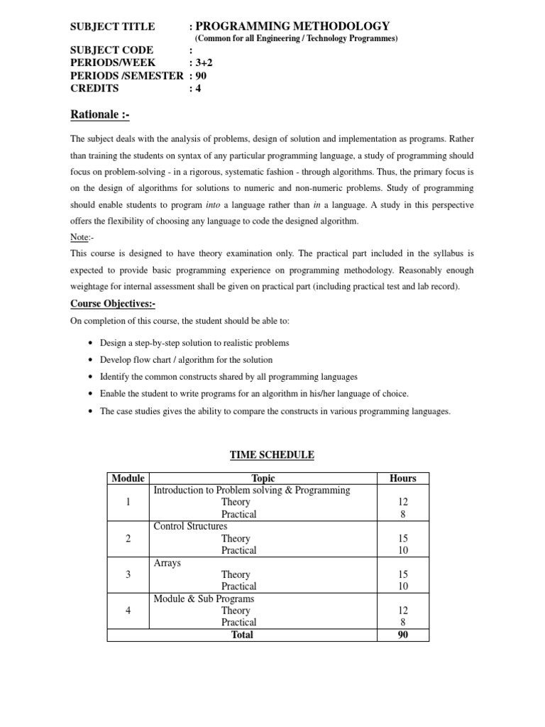 Programming Methodology: Subject Title: Subject Code: Periods/Week: 3+2 ...