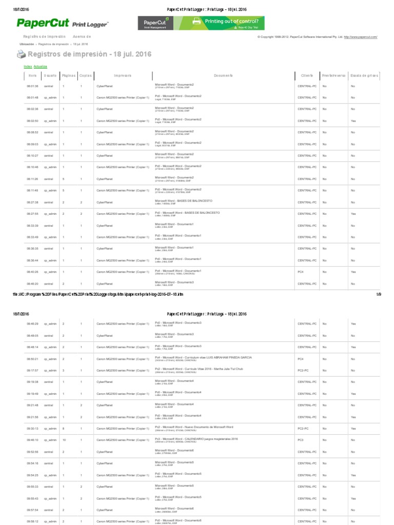 PaperCut Print Logger - Print Logs - 18 Jul | PDF | Photocopier ...